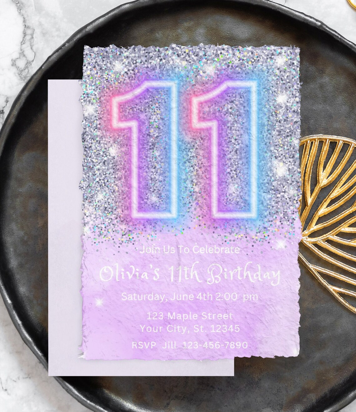 Editable 11th Birthday Invitation Template Purple Glitter Birthday ...