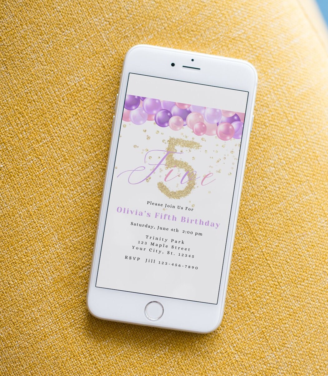 Fifth Birthday Invitation Template Pink and Purple 5th Birthday Invite ...