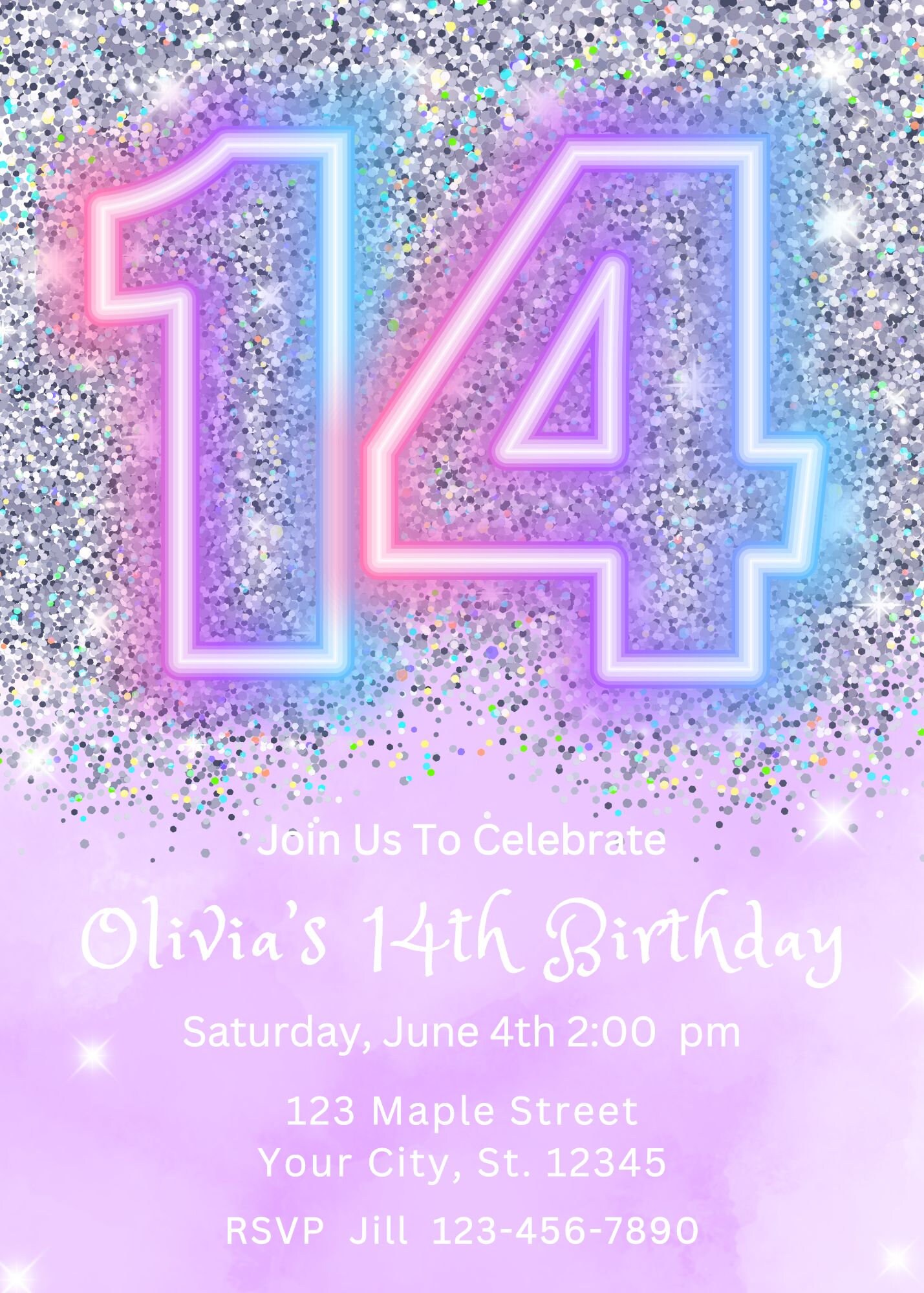 Editable 14th Birthday Invitation Template Purple Glitter Birthday ... Editable 14th Birthday Invitation Template Purple Glitter Birthday ...