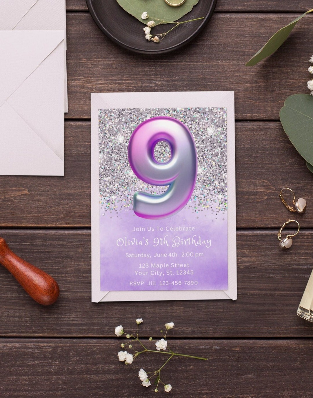Girl 9th Birthday Invitation Template Purple Glitter Birthday Party ...