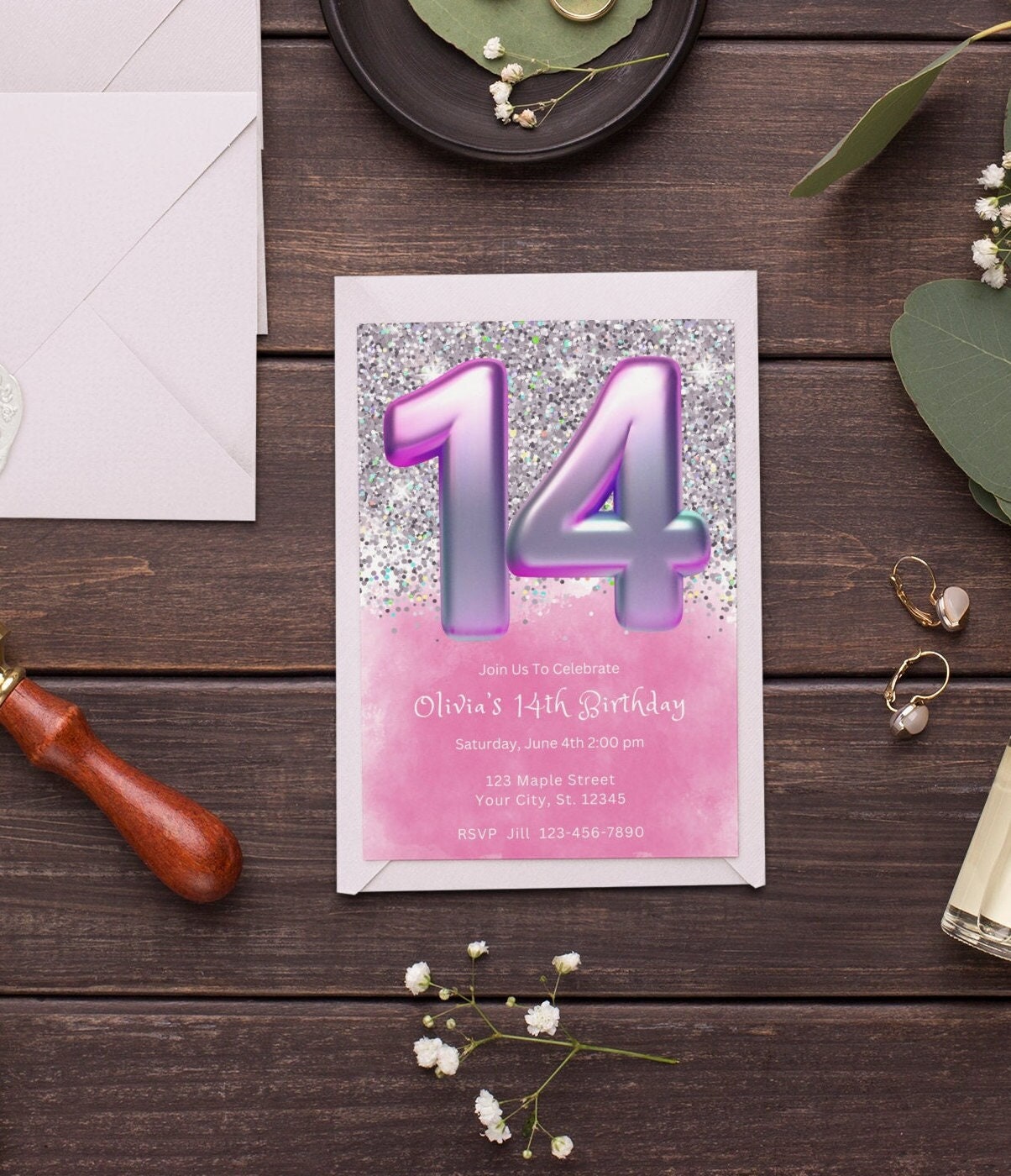 Editable Pink 14th Birthday Invitation Template Glitter Birthday Party ...