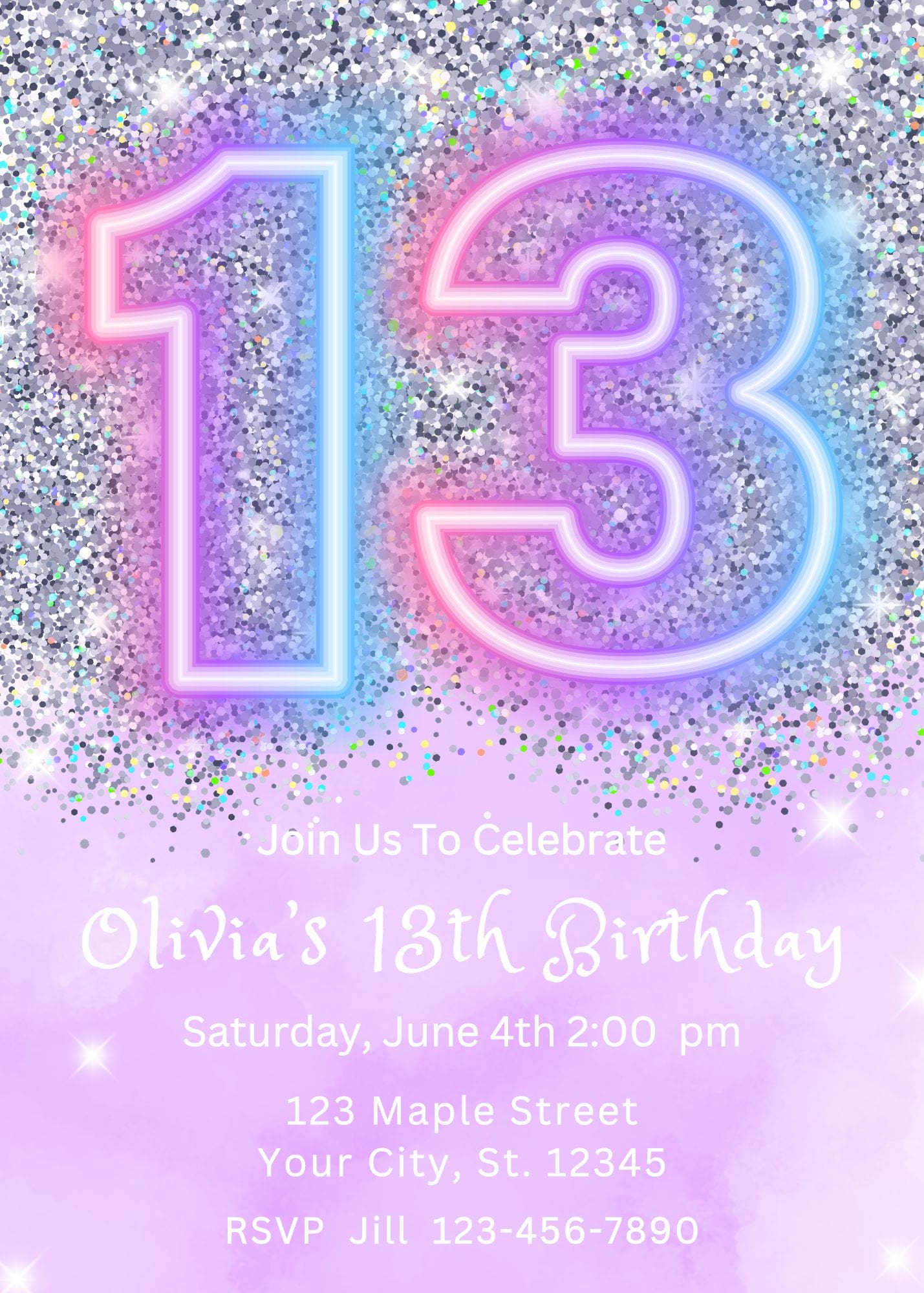 Editable 13th Birthday Invitation Template Purple Glitter Birthday ...