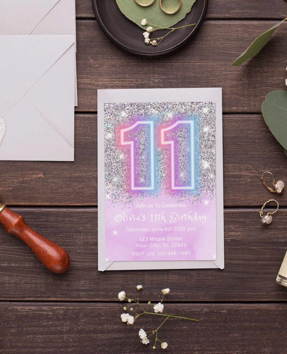 Editable 11th Birthday Invitation Template Purple Glitter Birthday ...