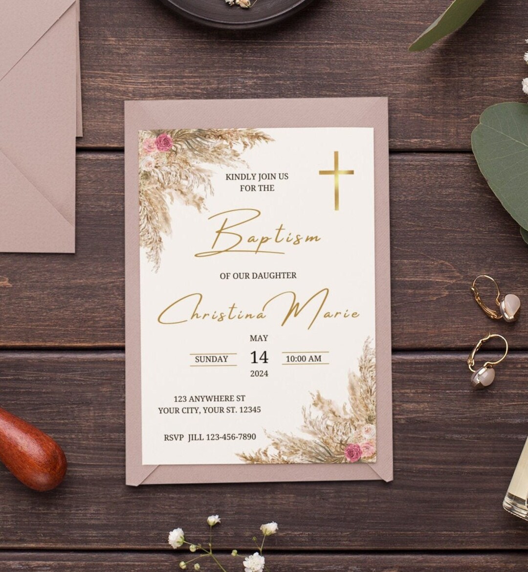 Girl Baptism Invitation Template Girl Blush Floral Editable Boho ...