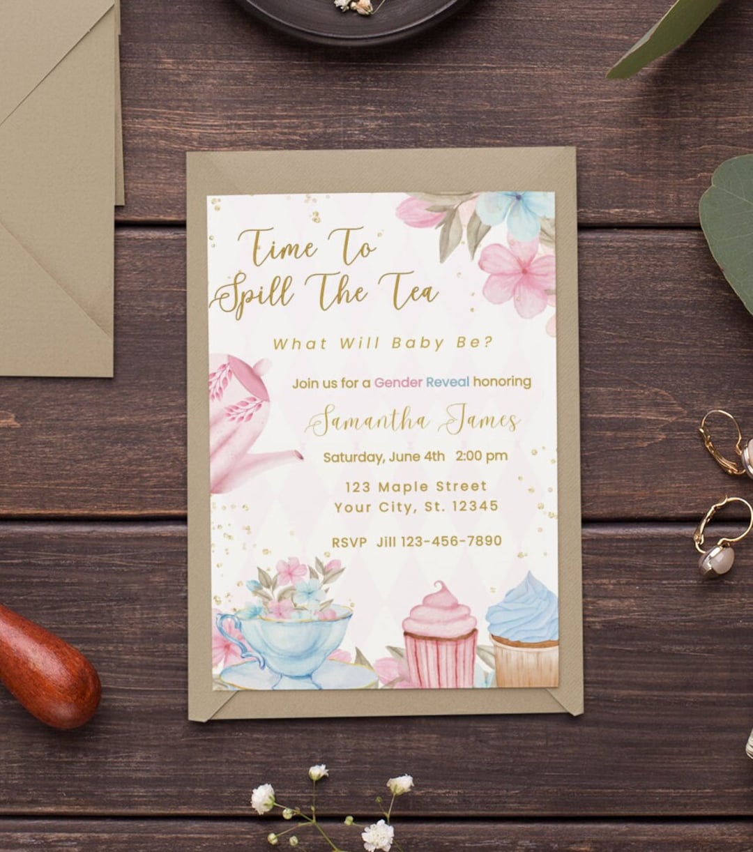 Tea Time Gender Reveal Invitation, Pink and Blue (instant Download) - Etsy