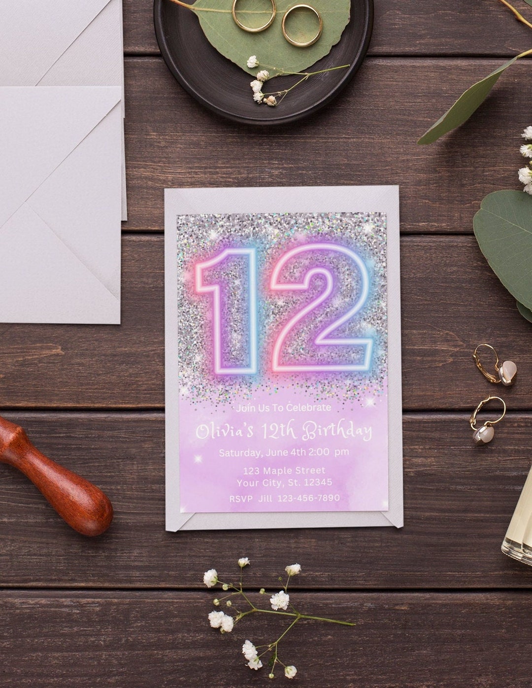 Editable 12th Birthday Invitation Template Purple Glitter Birthday ...