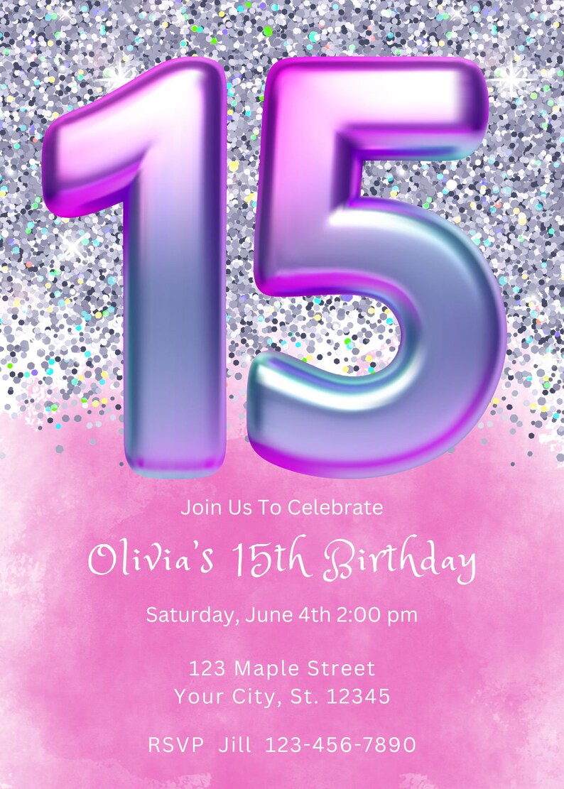 Editable Pink 15th Birthday Invitation Template Glitter Birthday Party Invite Quinceanera Girl ...