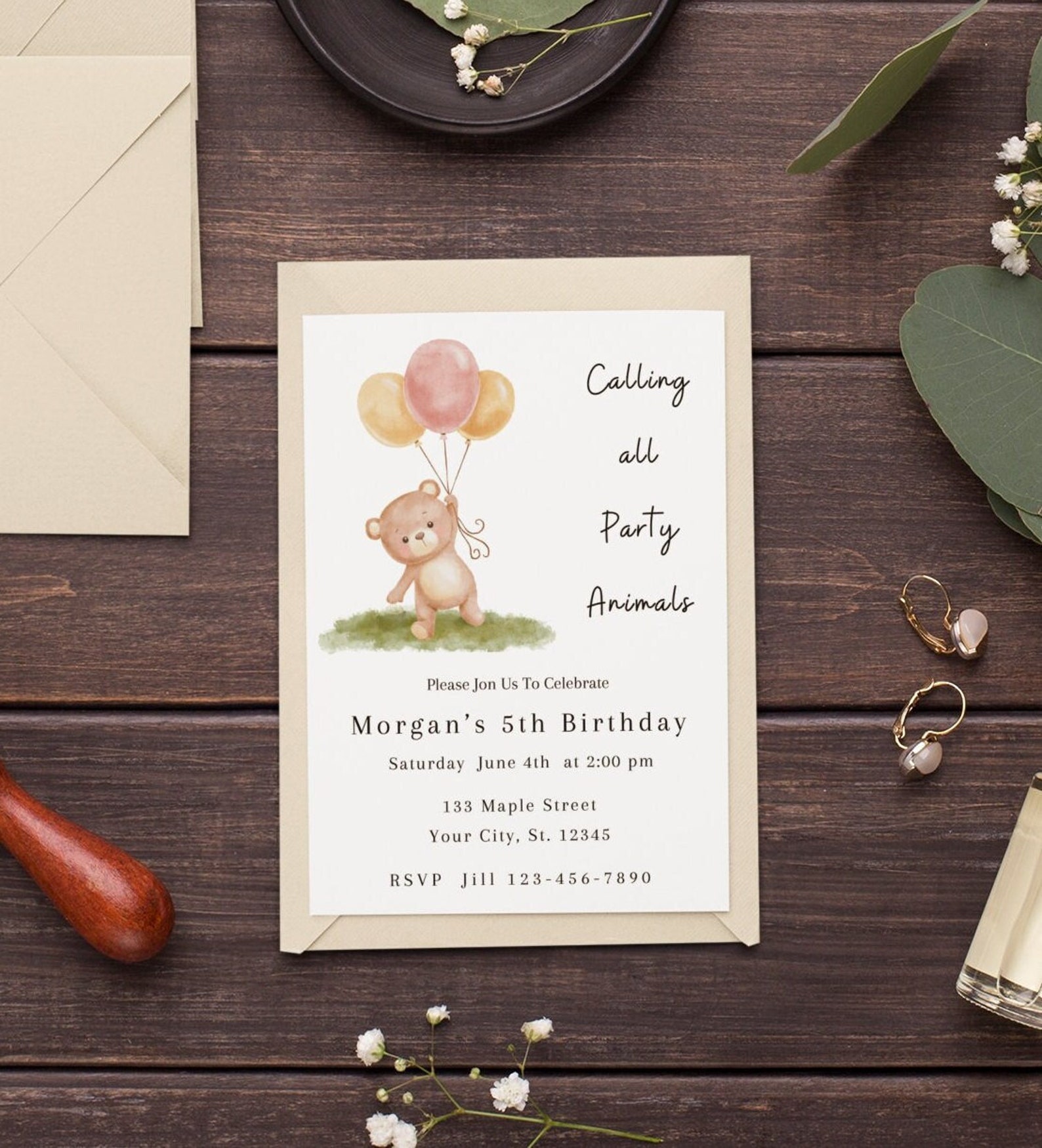 Editable Birthday Invitation Template Bear Birthday Invite Neutral ...
