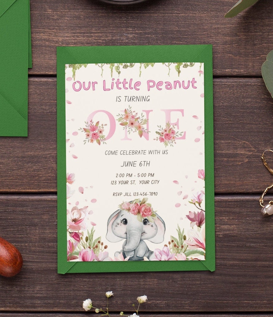 1st Birthday Invitation Girl Blush Pink Gold Baby Elephant Invite ...