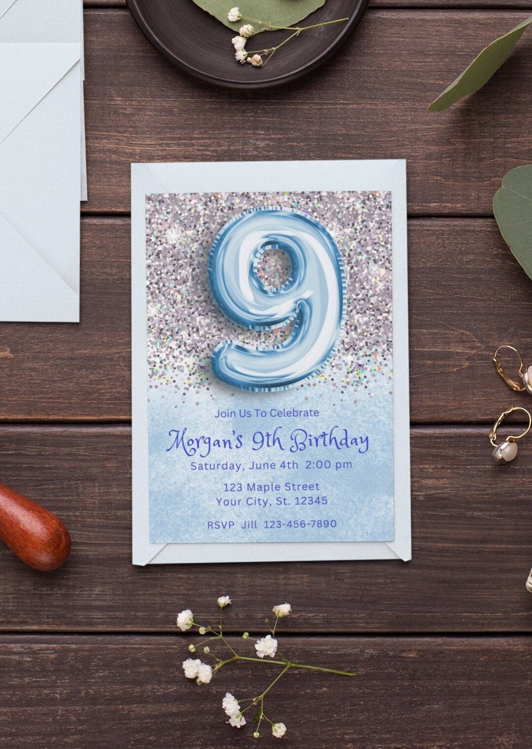 Editable 9th Birthday Invitation Template Blue Glitter Birthday Party ...