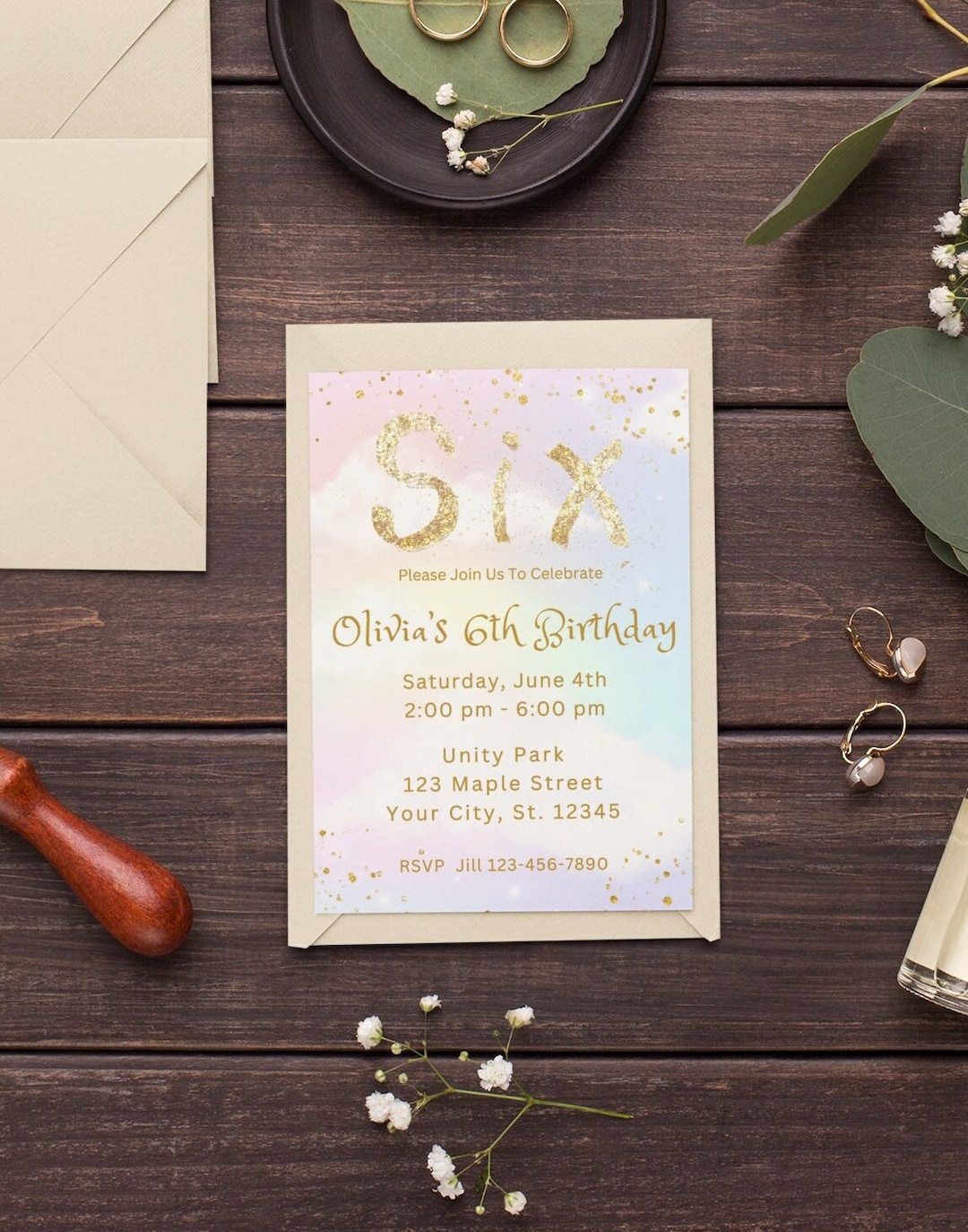 Editable Birthday Invitation Template Pastel Watercolor Gold Glitter ...