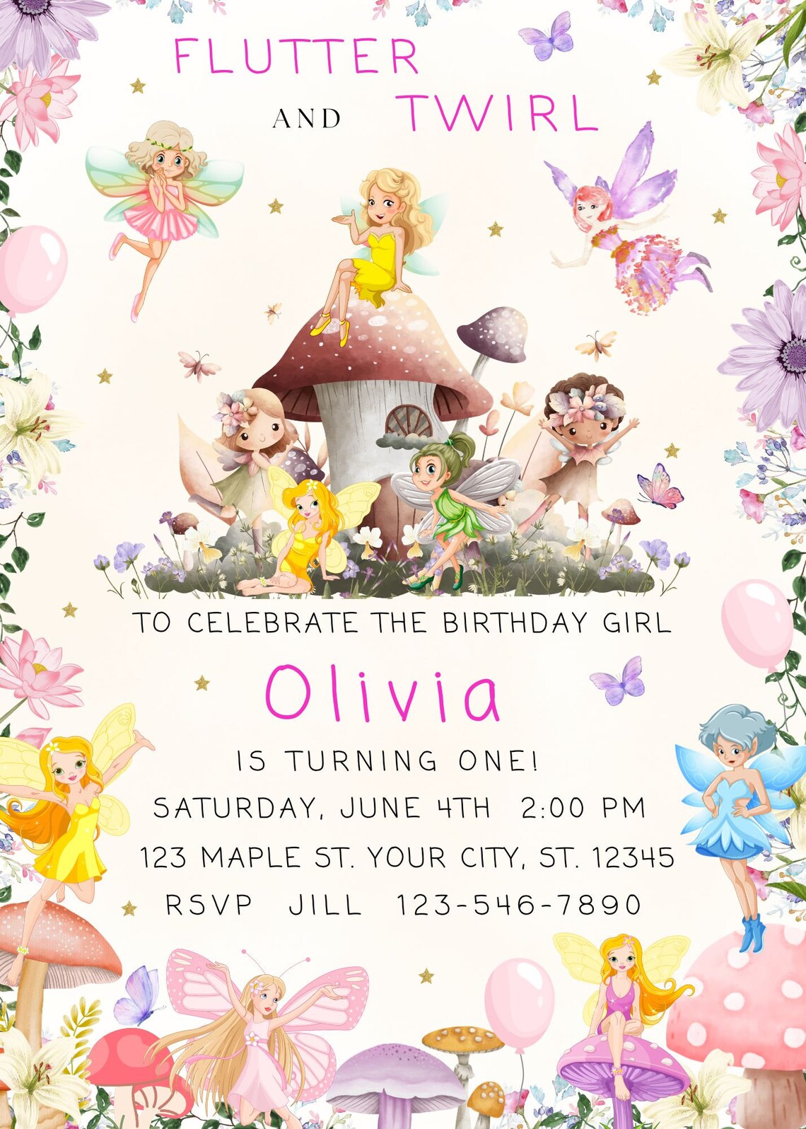 Fairy First Birthday Party Editable Invitation, Magical Enchanted Fairy ...