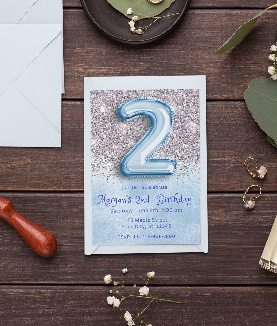 Editable 2nd Birthday Invitation Template Blue Glitter Birthday Party ...