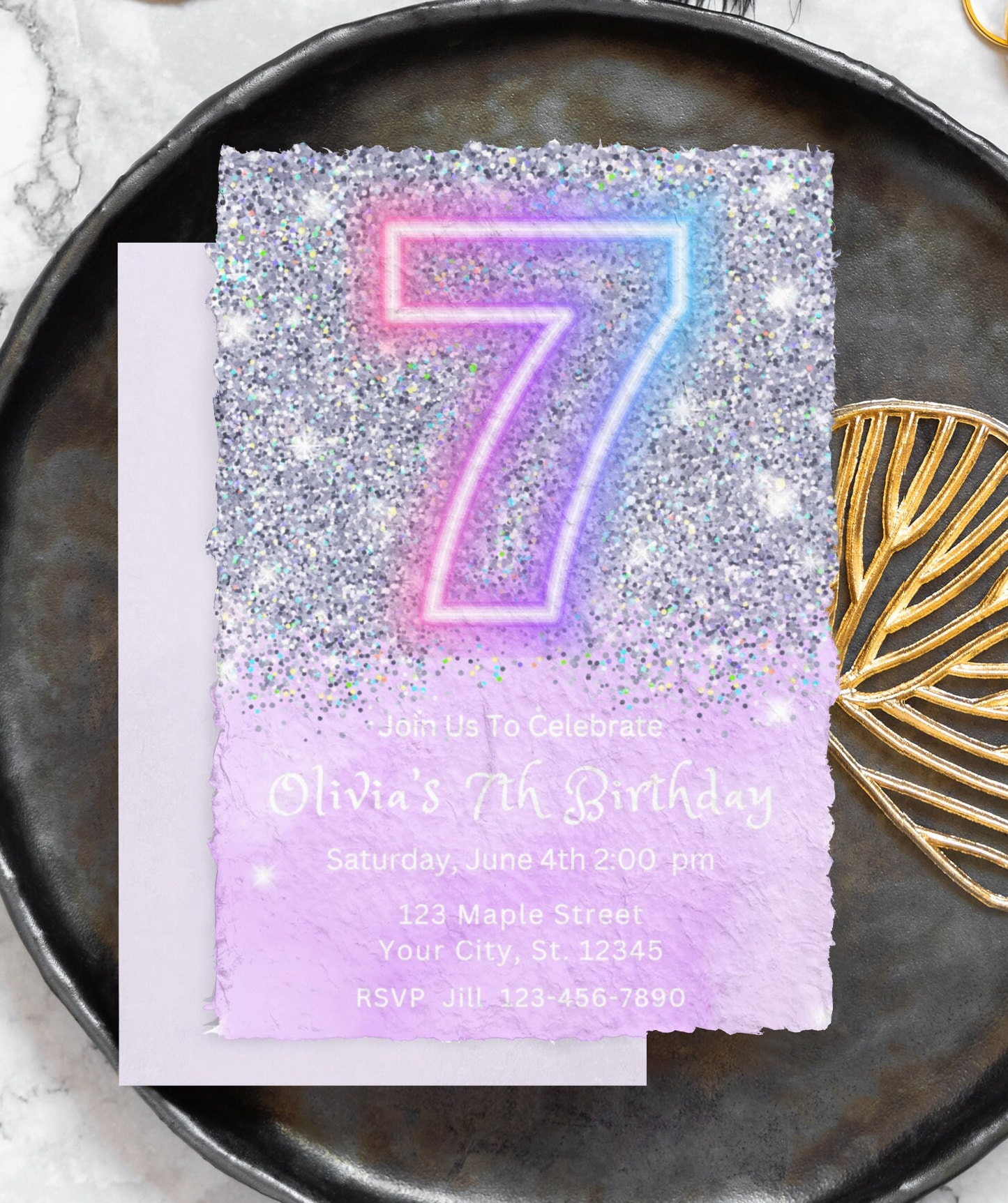 Editable 7th Birthday Invitation Template Purple Glitter Birthday Party ...
