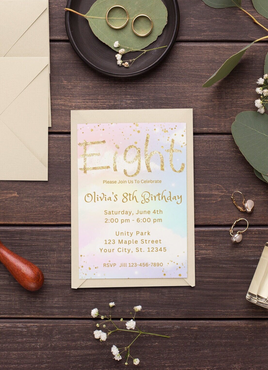 Editable Birthday Invitation Template Pastel Watercolor Gold Glitter ...