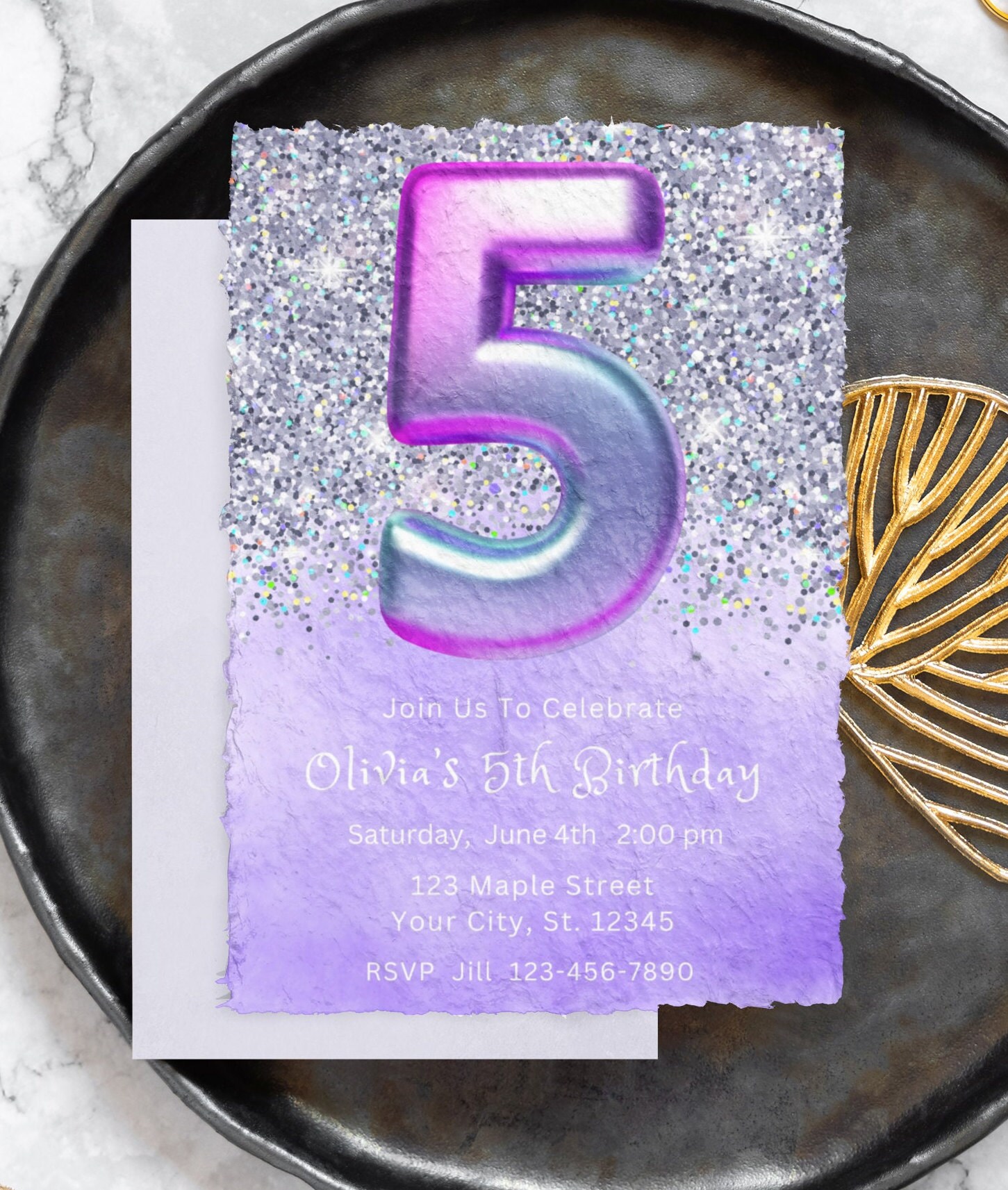 Girl 5th Birthday Invitation Template Purple Glitter Birthday Party ...