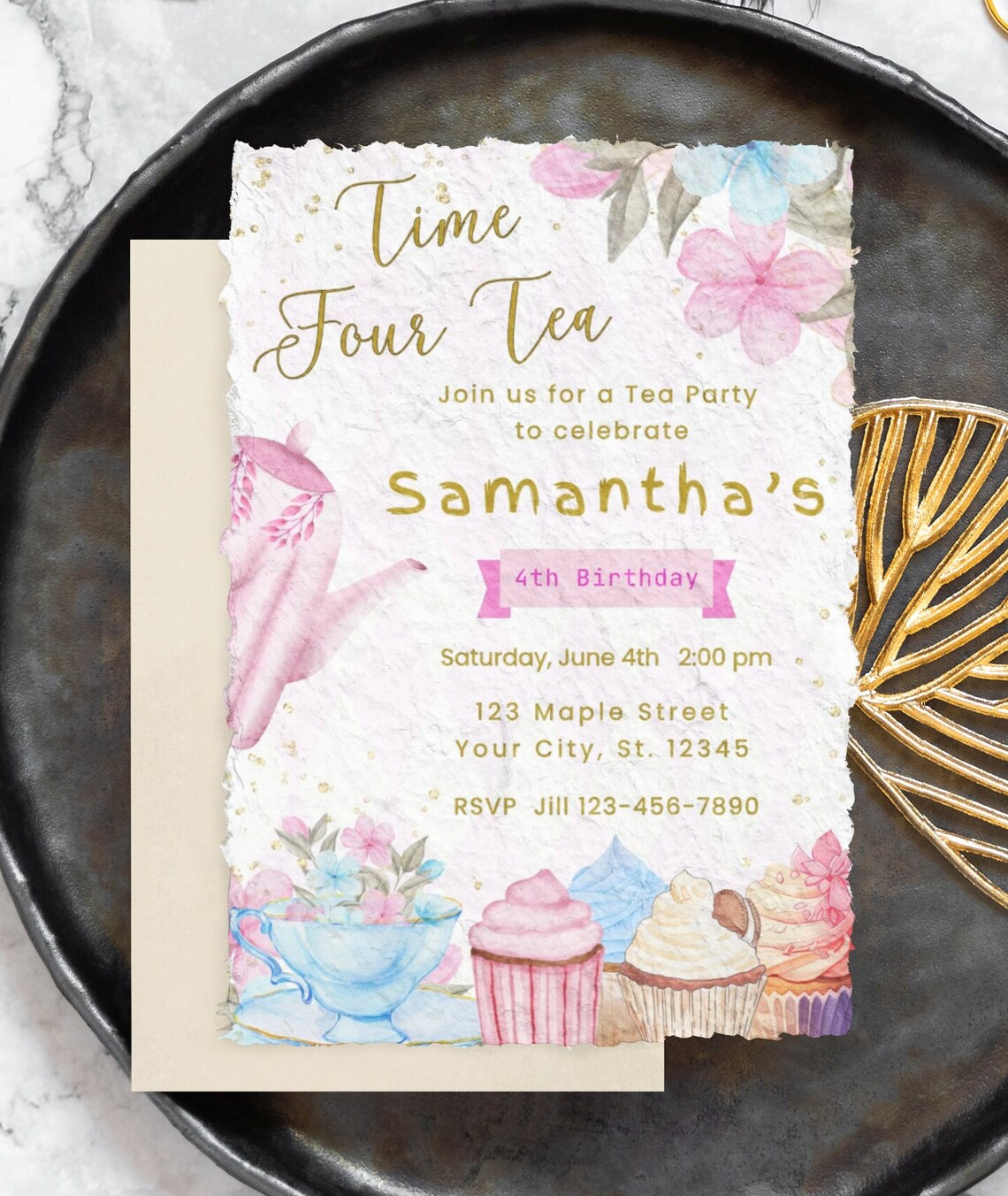Editable Fourth Birthday Invitation Template Time Four Tea 4th Birthday ...