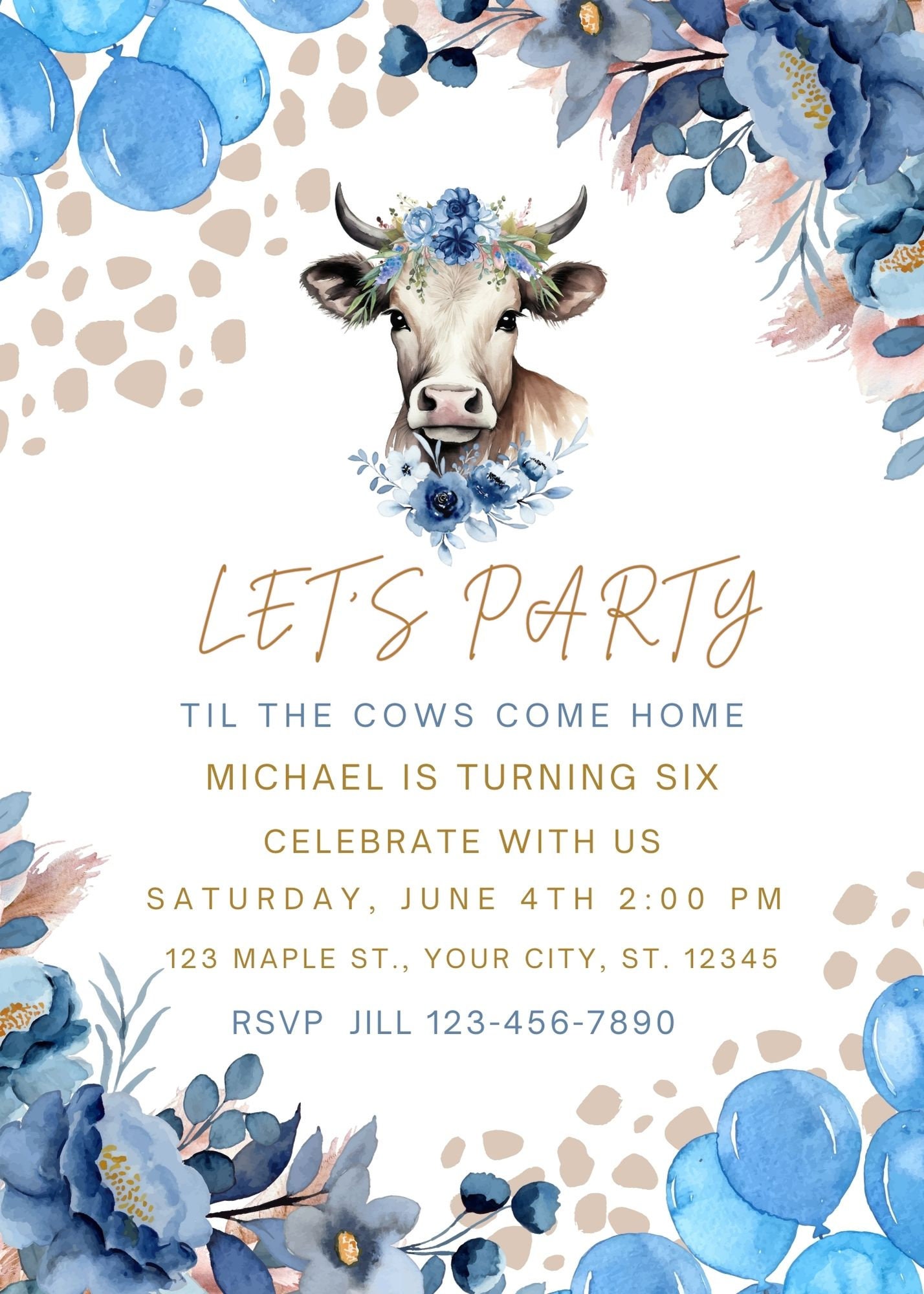 Blue Boho Cow Birthday Invitation Template Let's Party Till the Cows ...