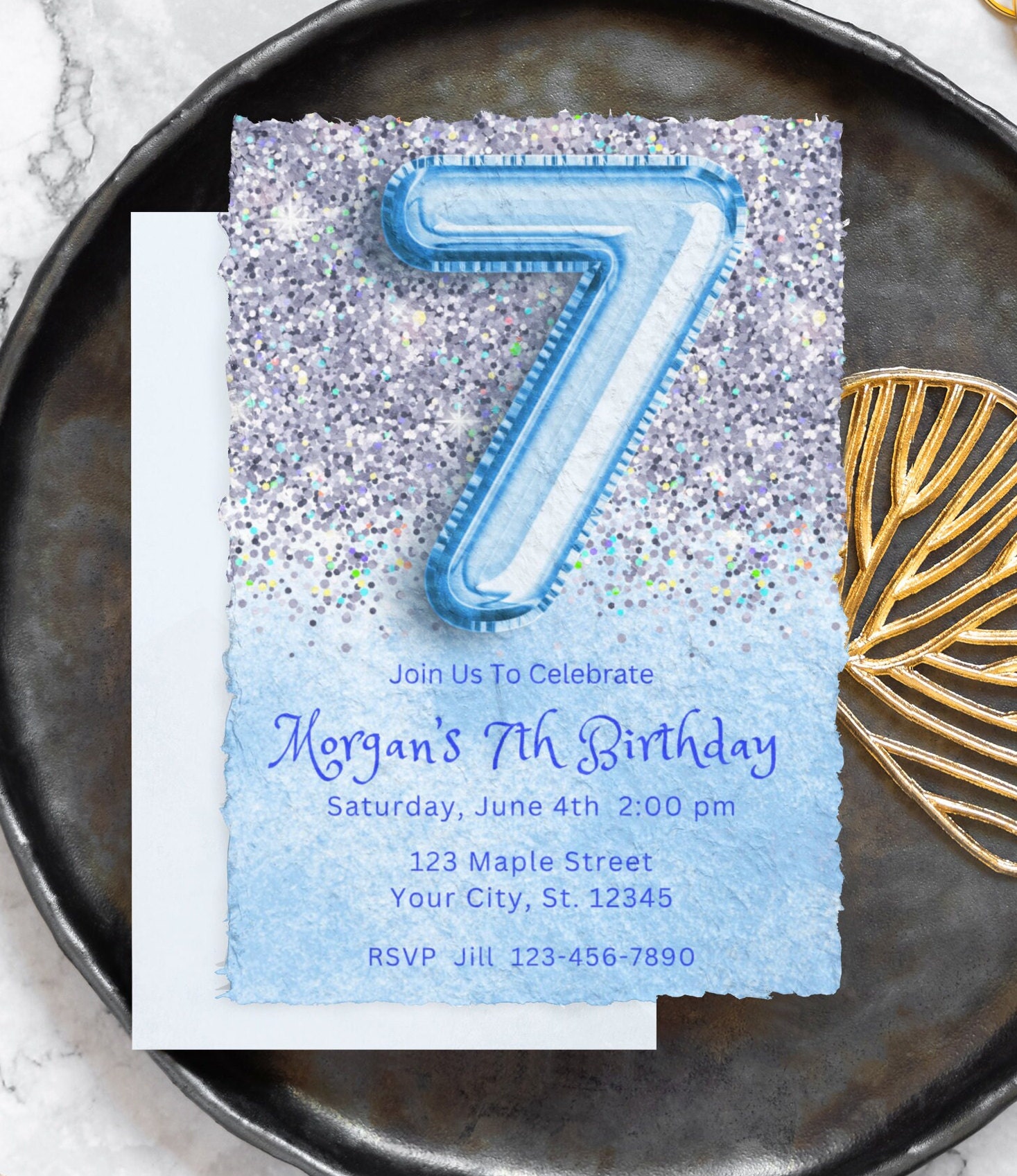 Editable 7th Birthday Invitation Template Blue Glitter Birthday Party ...