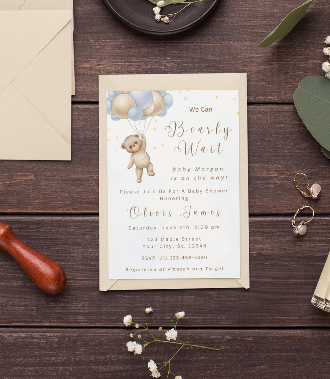 Editable We Can Bearly Wait Baby Shower Invitation Teddy Bear Blue ...