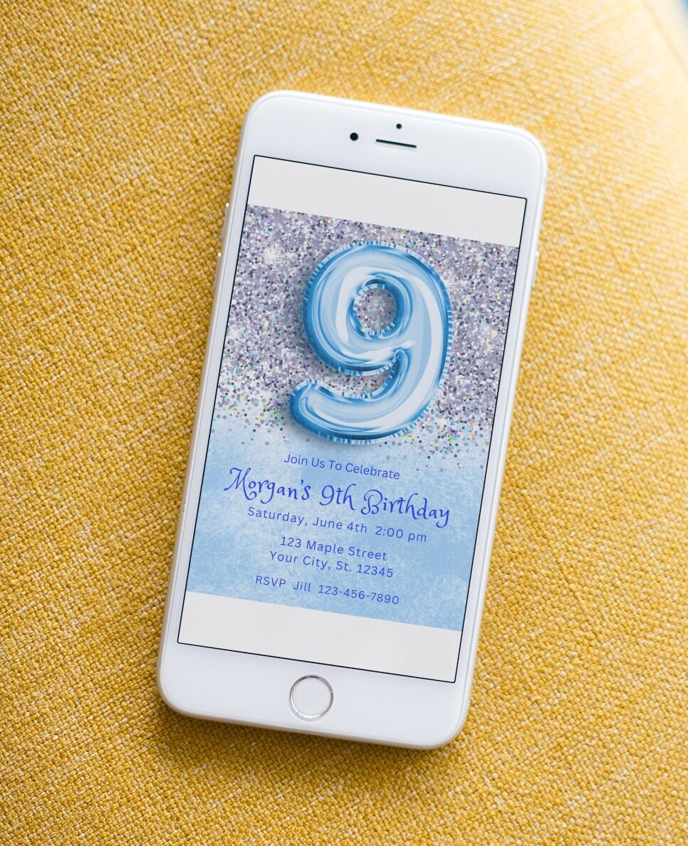 Editable 9th Birthday Invitation Template Blue Glitter Birthday Party ...