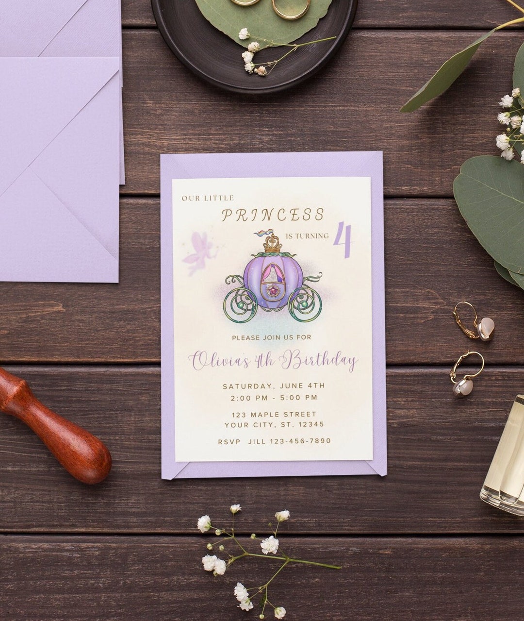 Princess 4th Birthday Invitation Girl Princess Fourth Birthday Party ...