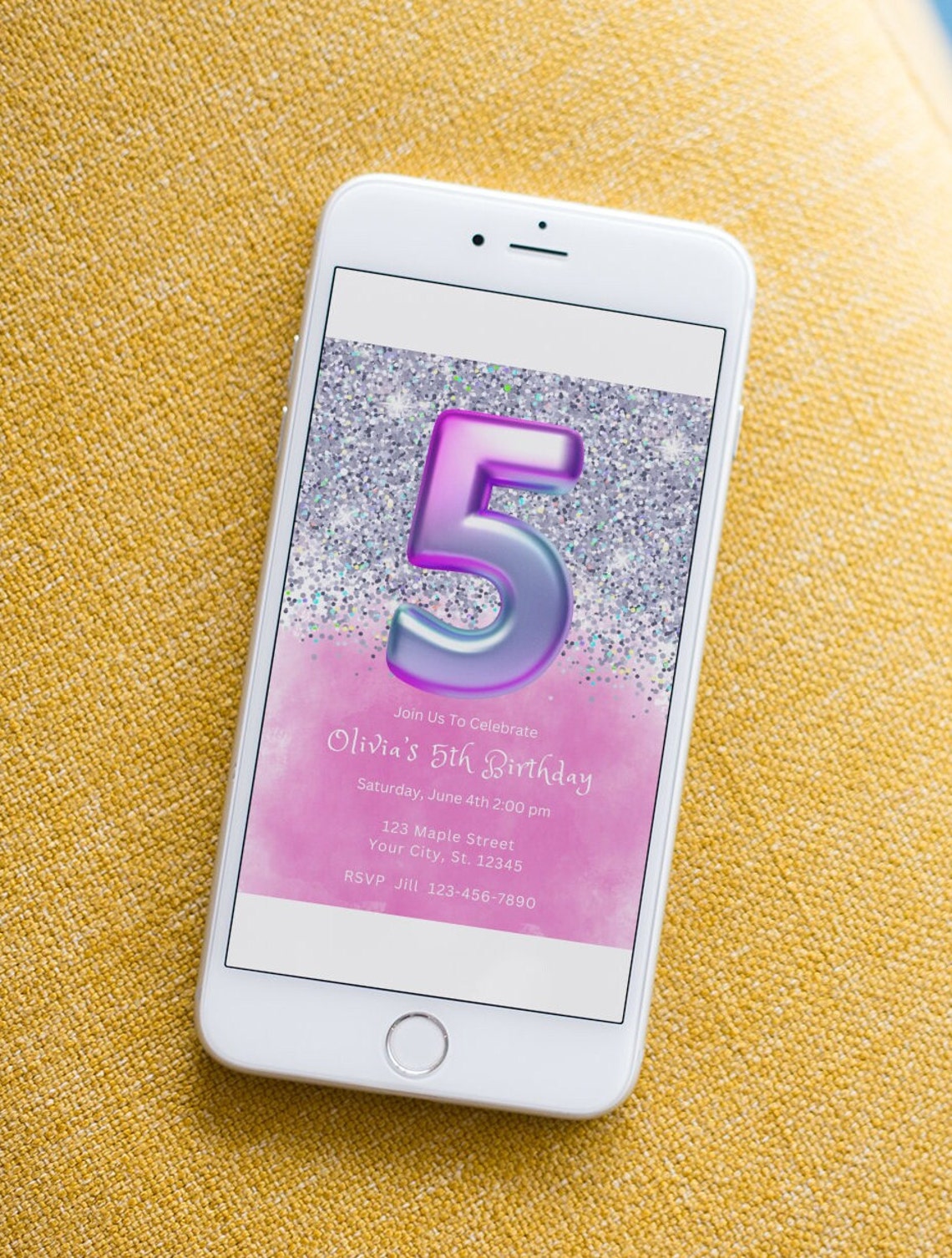 Editable Pink 5th Birthday Invitation Template Glitter Birthday Party ...