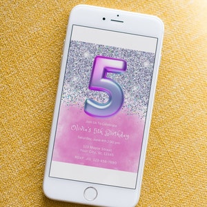 Editable Pink 5th Birthday Invitation Template Glitter Birthday Party ...
