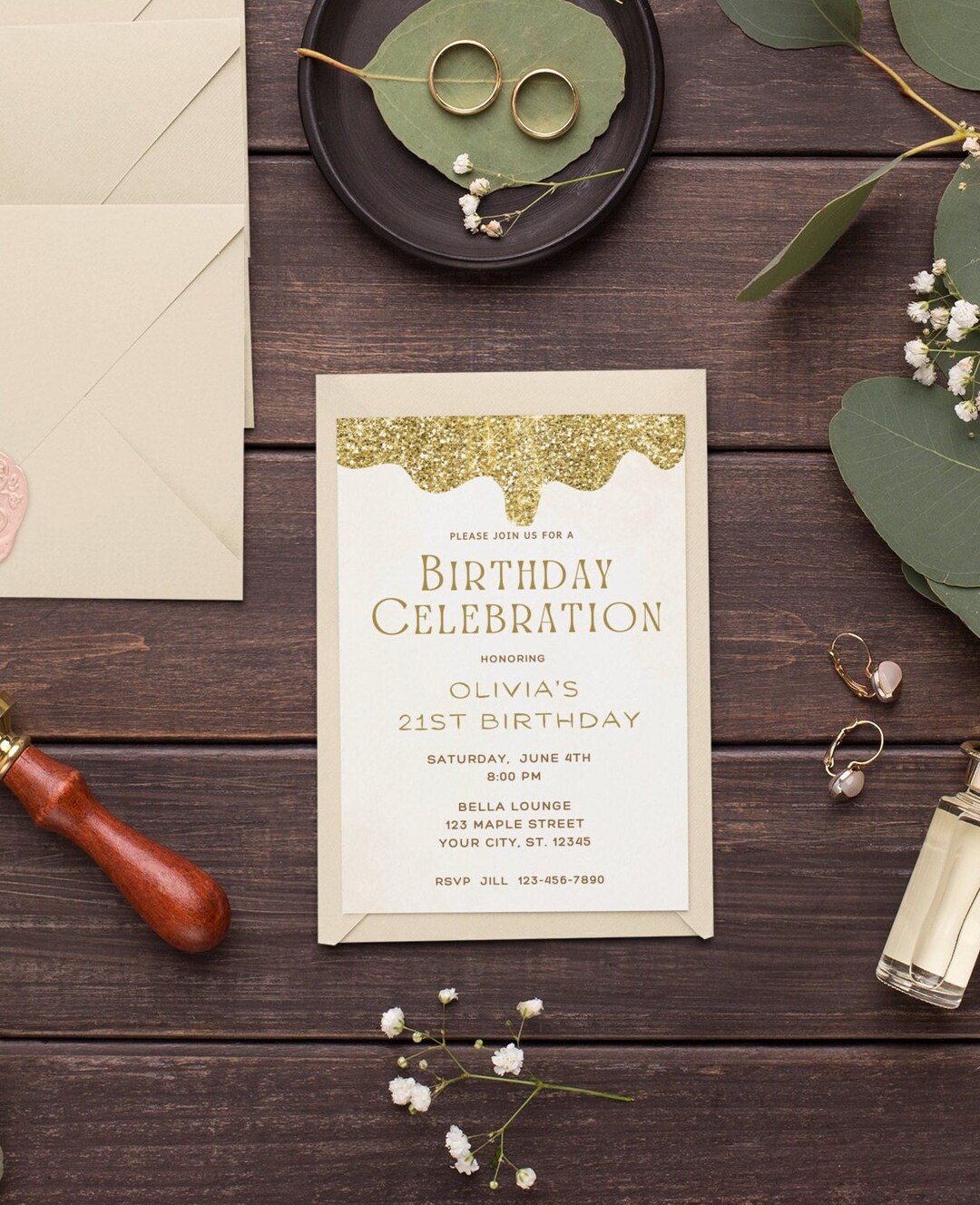 Editable Gold Birthday Invitation Template Gold Glitter Drip Dripping ...