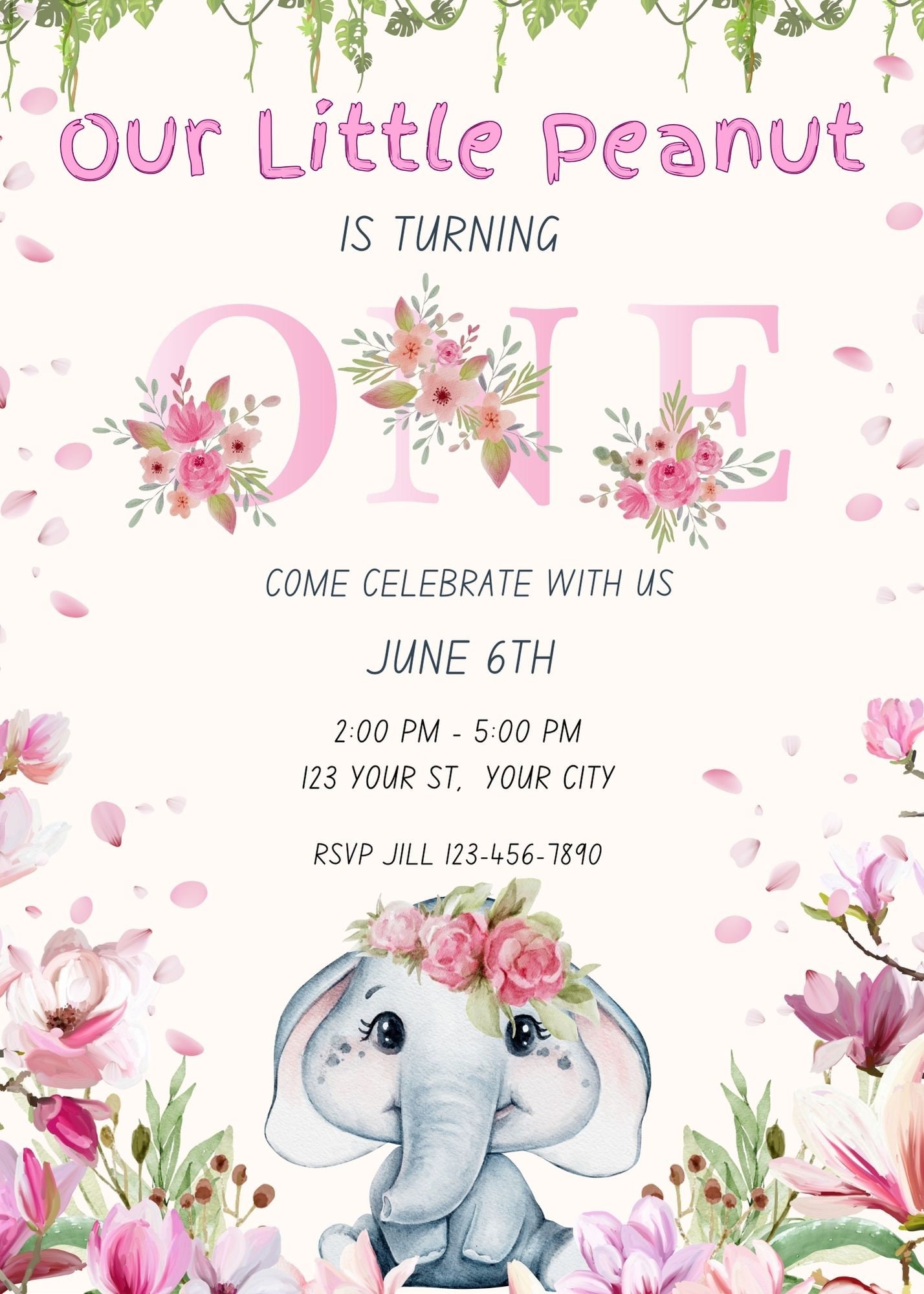 1st Birthday Invitation Girl Blush Pink Gold Baby Elephant Invite ...