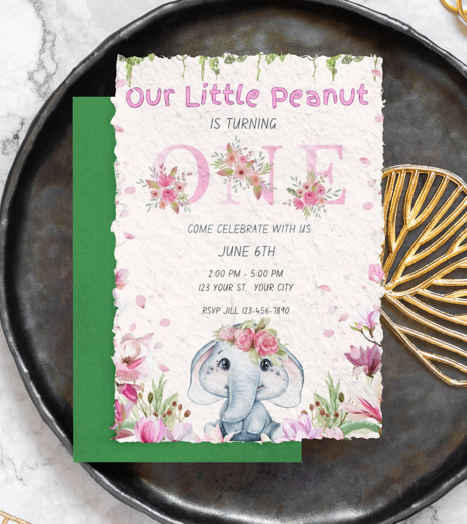 1st Birthday Invitation Girl Blush Pink Gold Baby Elephant Invite ...