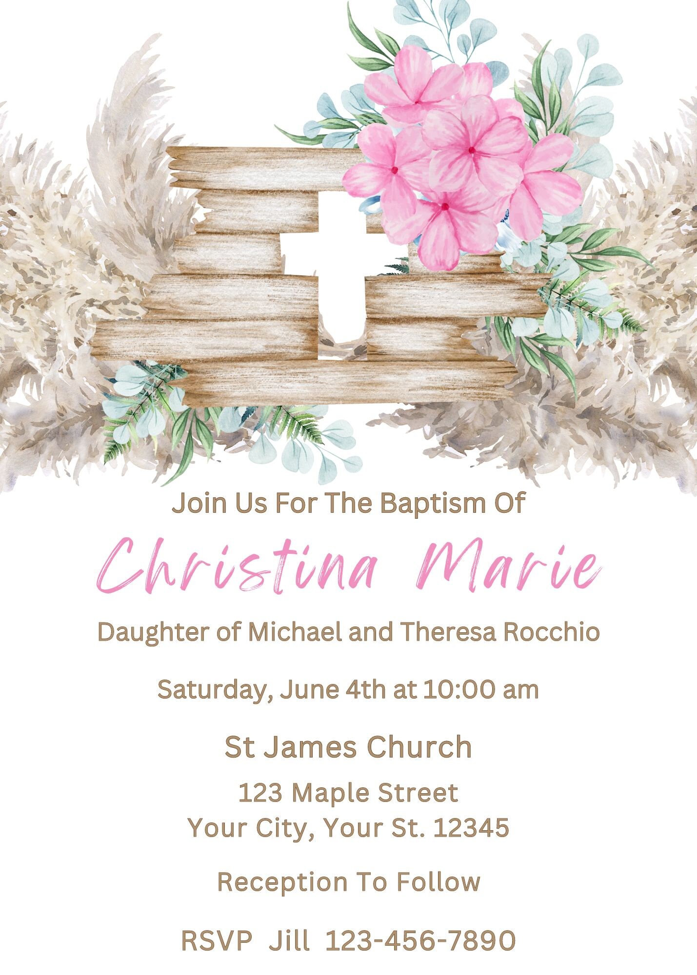 Girl Baptism Invitation Template Editable Bohemian Baptism Invitation ...