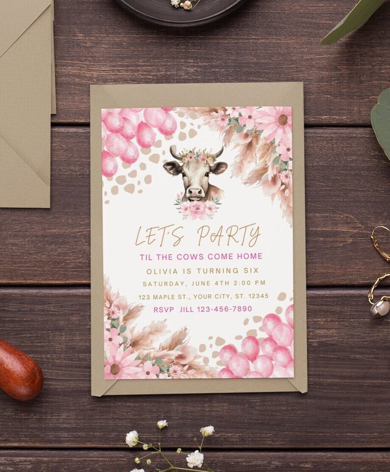 Cow Birthday Invitation Template, Pink Floral Girl Invite (digital ...