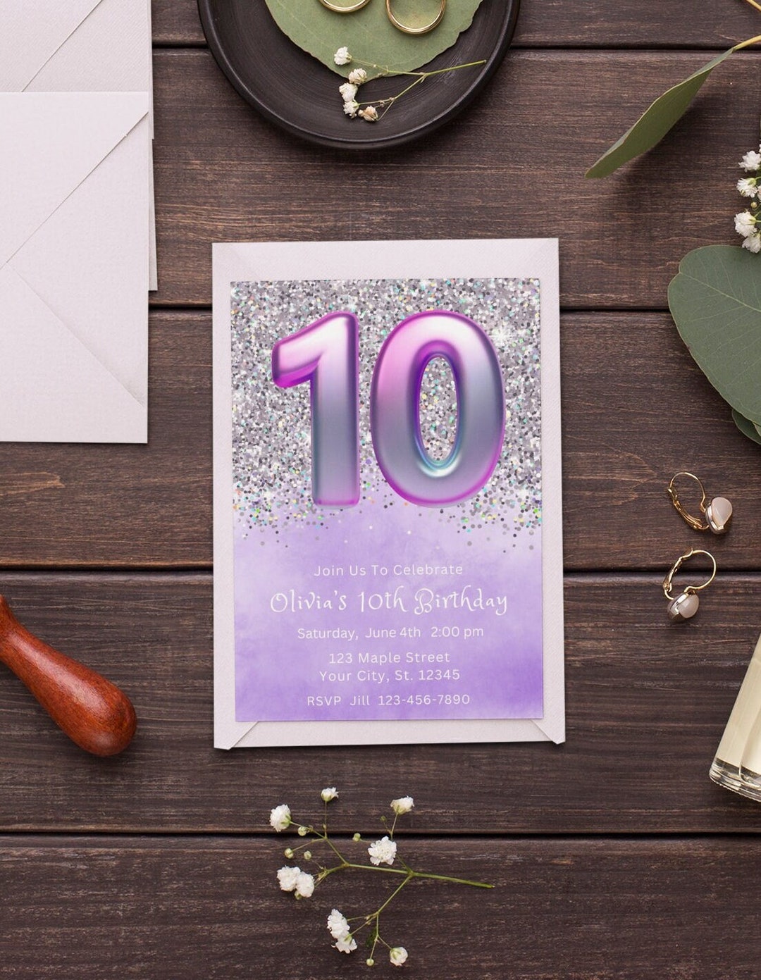 10th Birthday Invitation Template Purple Glitter Birthday Party Invite ...