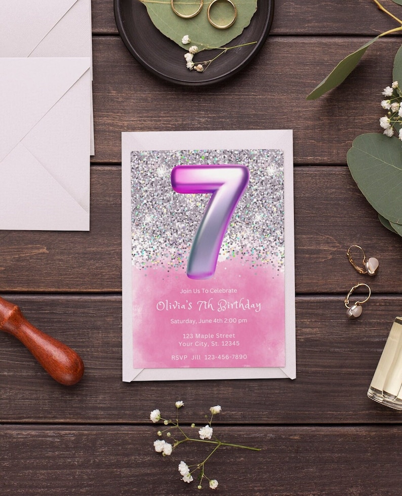Editable Pink 7th Birthday Invitation Template Glitter Birthday Party ...