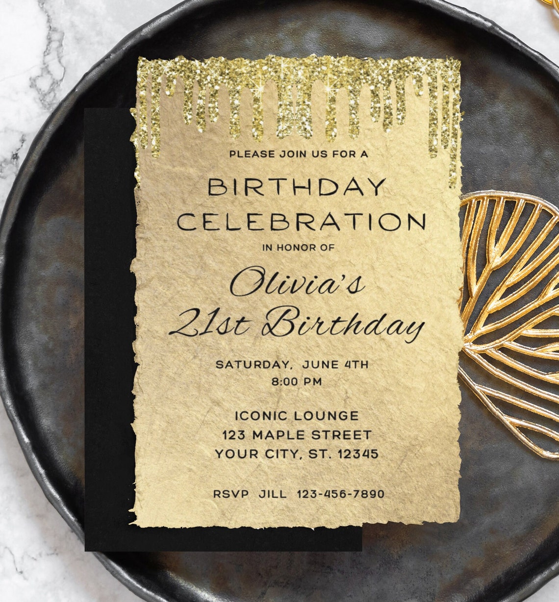 Editable Black and Gold Birthday Invitation Template Gold Glitter ...