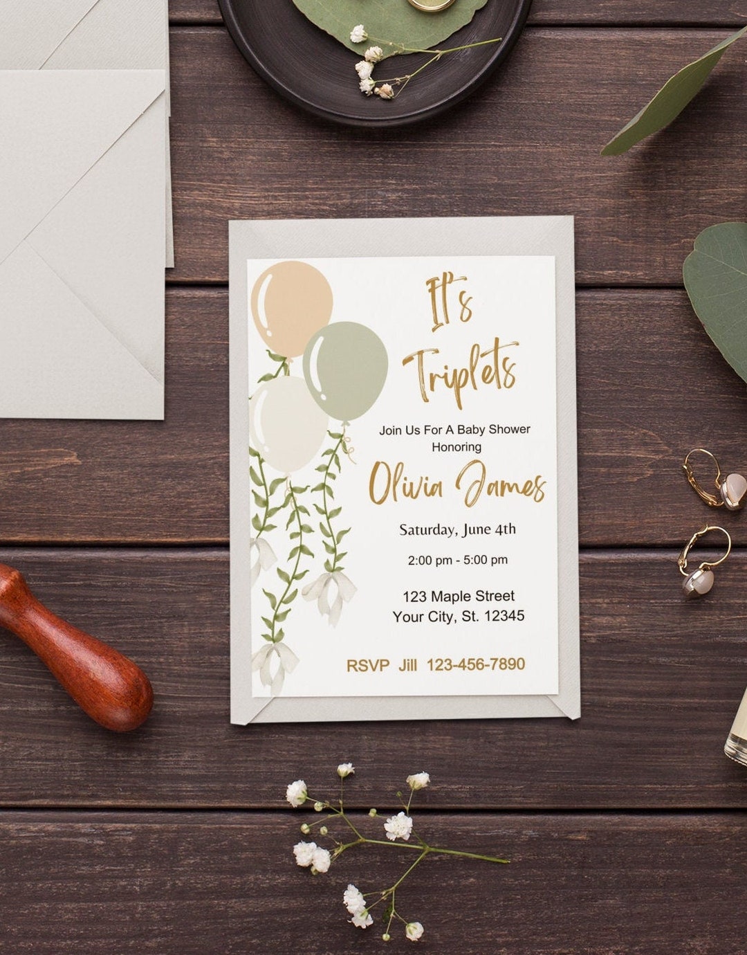 Editable Triplets Baby Shower Invitation Template Neutral Balloon Baby ...