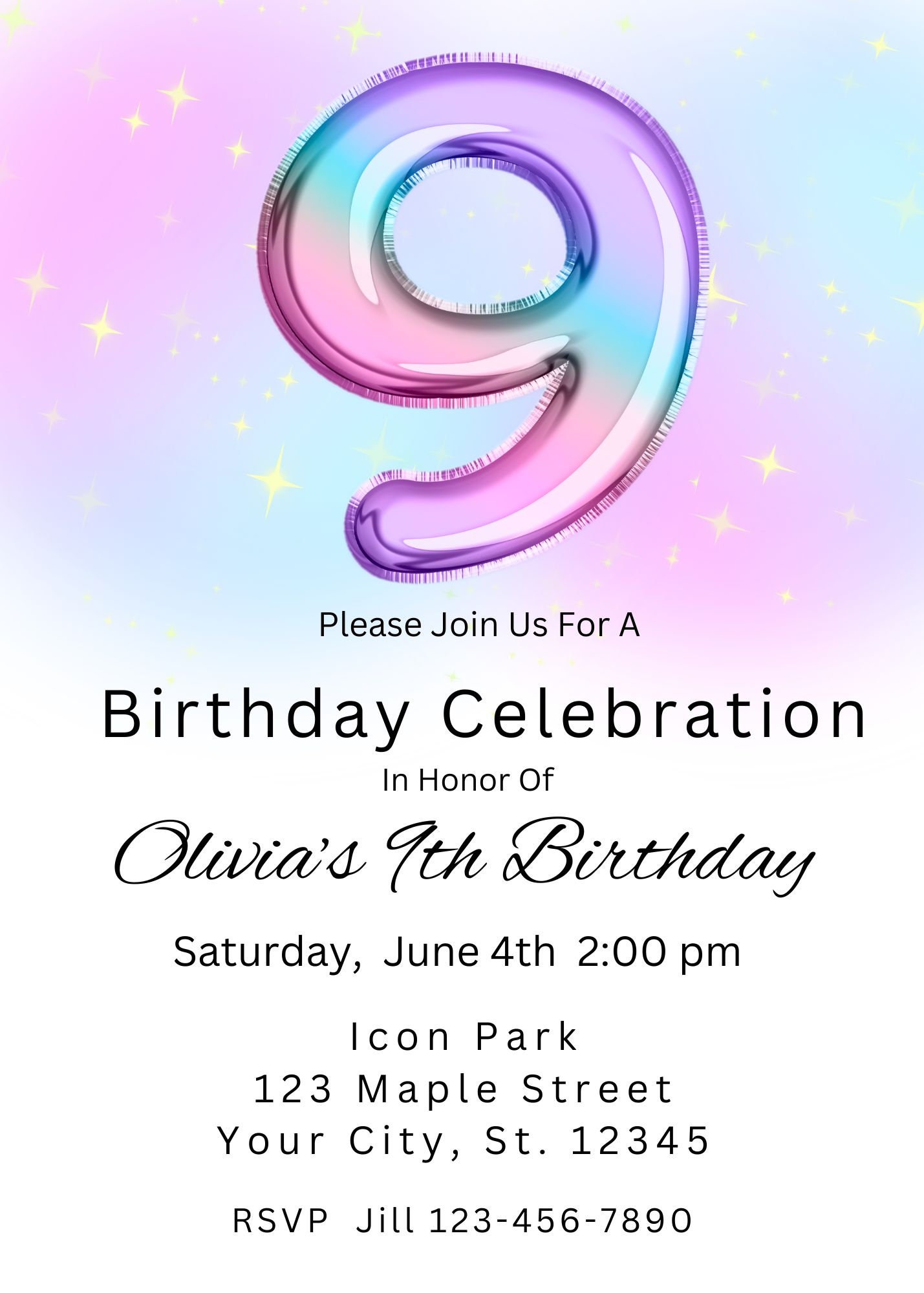 Pastel Rainbow Birthday Invitation Pastel 9th Birthday Invitation ...