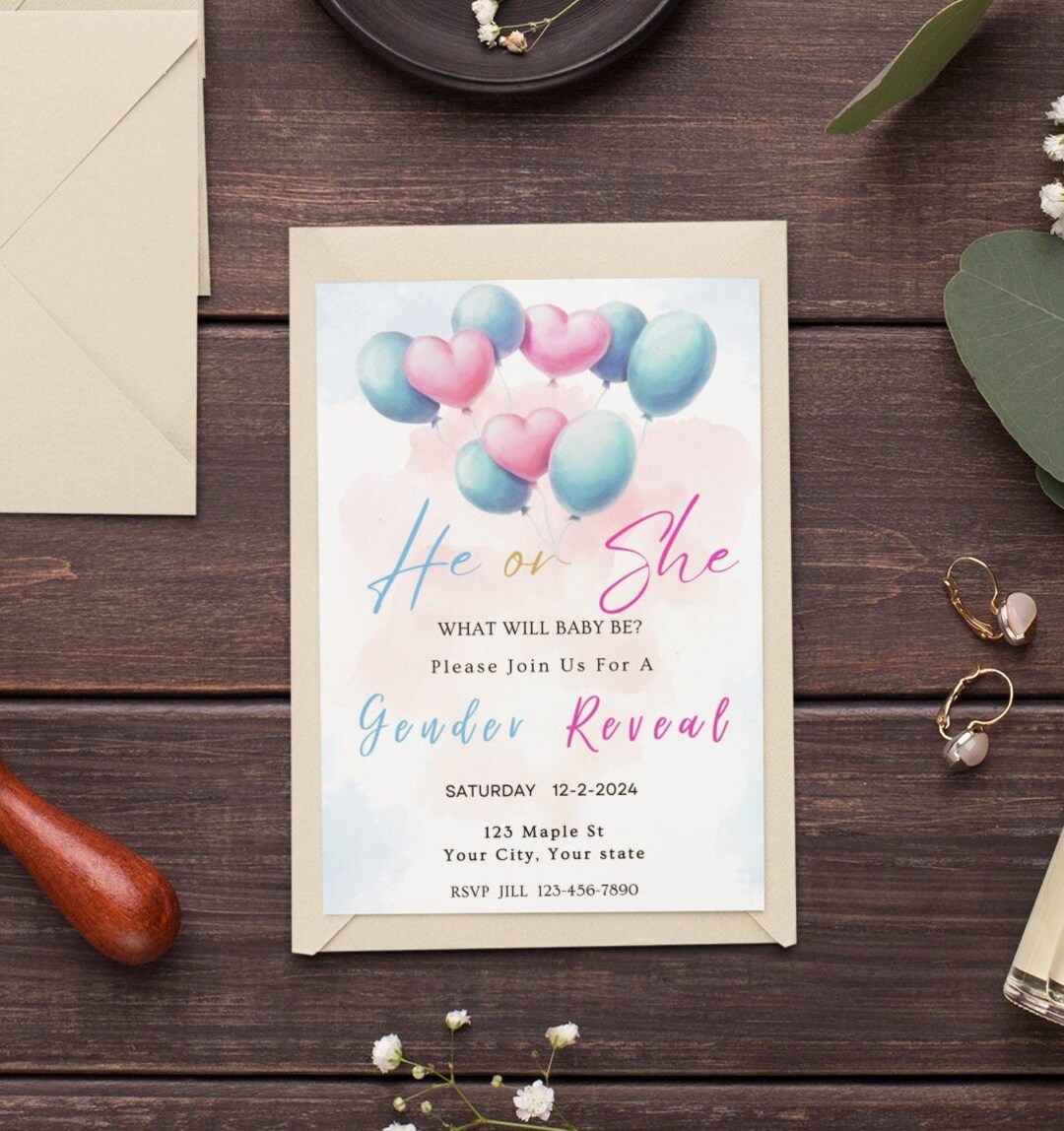 EDITABLE Gender Reveal Invitation Template Pink and Blue Balloon Gender ...
