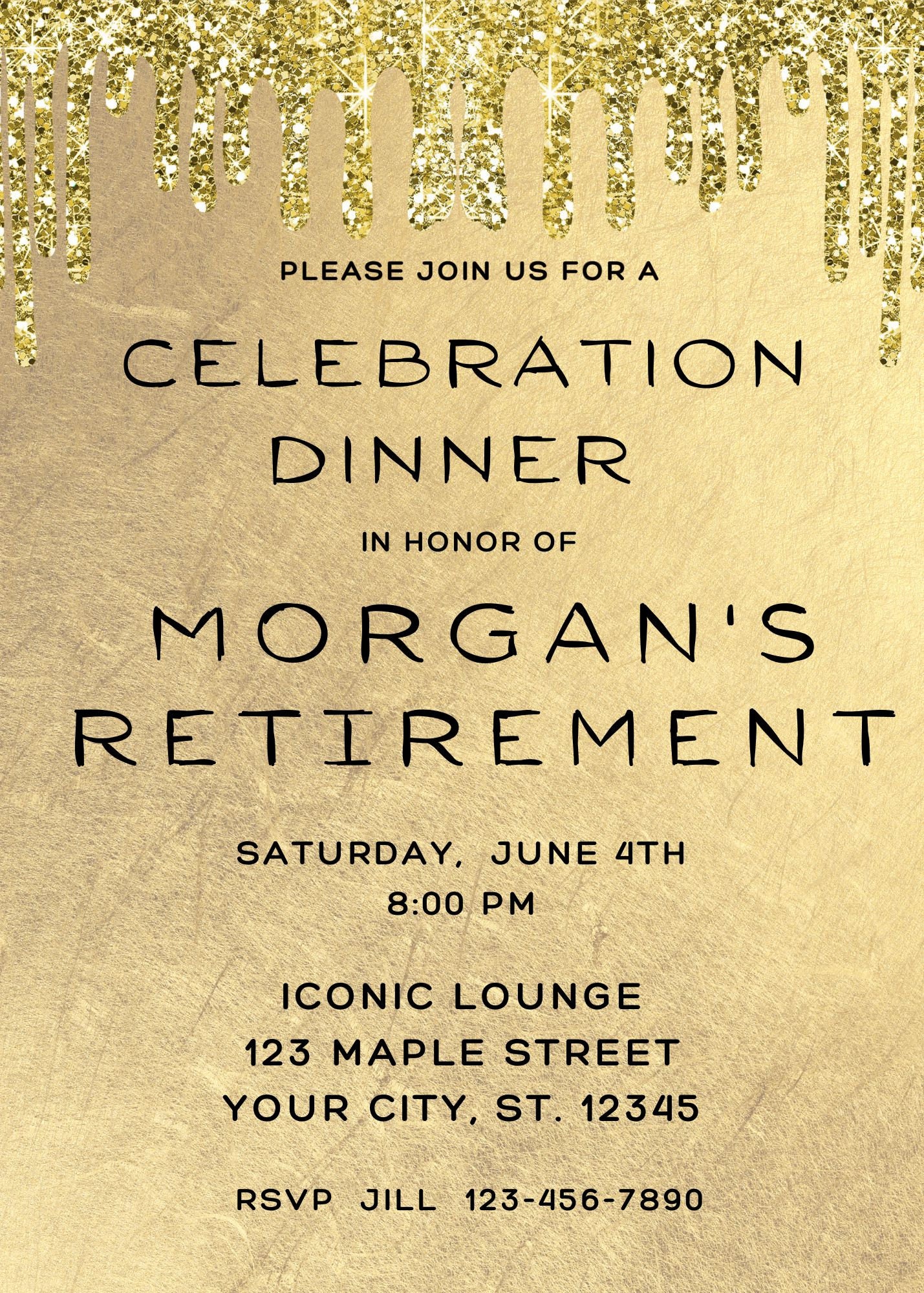 Gold Glitter Retirement Invitation Template Editable Black and Gold ...