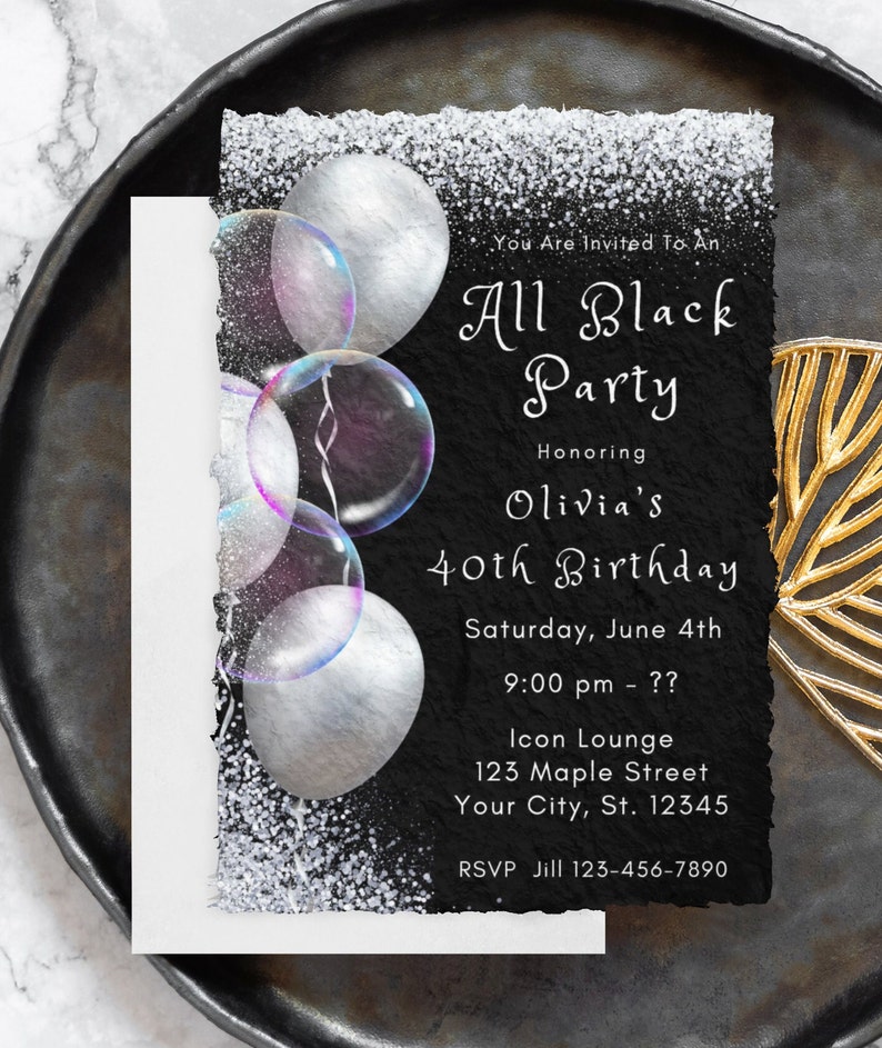 EDITABLE All Black Party Invitation All Black Affair Black and Silver ...