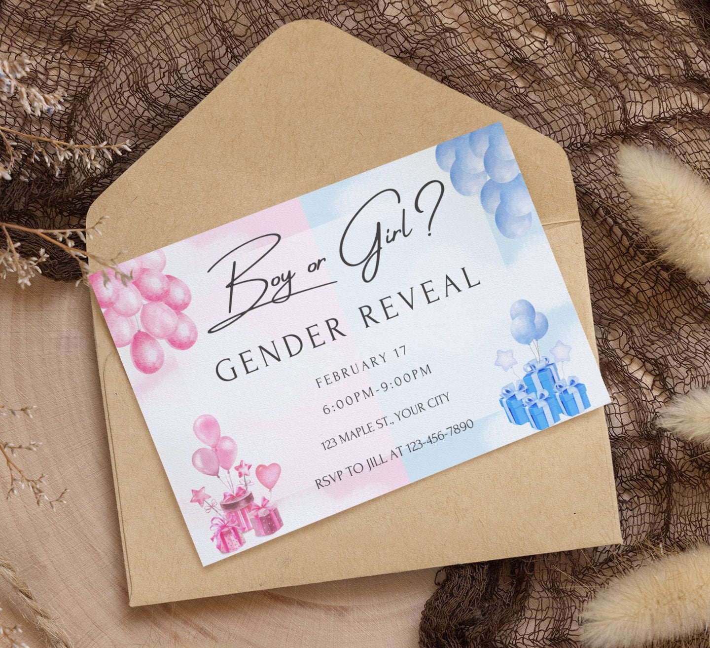 Editable Gender Reveal Invitation Template Blue and Pink Boy or Girl He ...