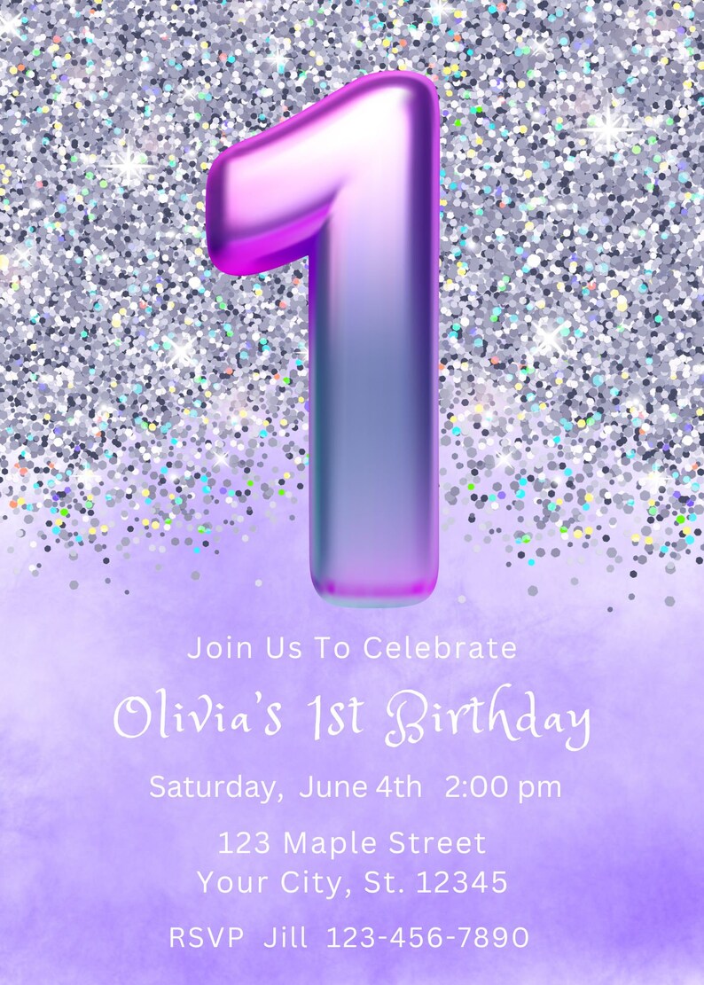 Editable Purple 1st Birthday Invitation Template Glitter Birthday Party ...