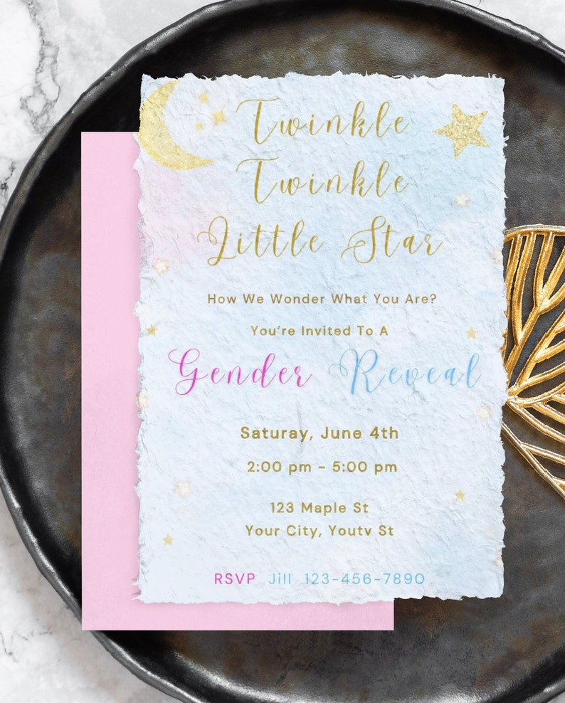 Twinkle Twinkle Little Star Gender Reveal Invitation Template Gold Moon ...