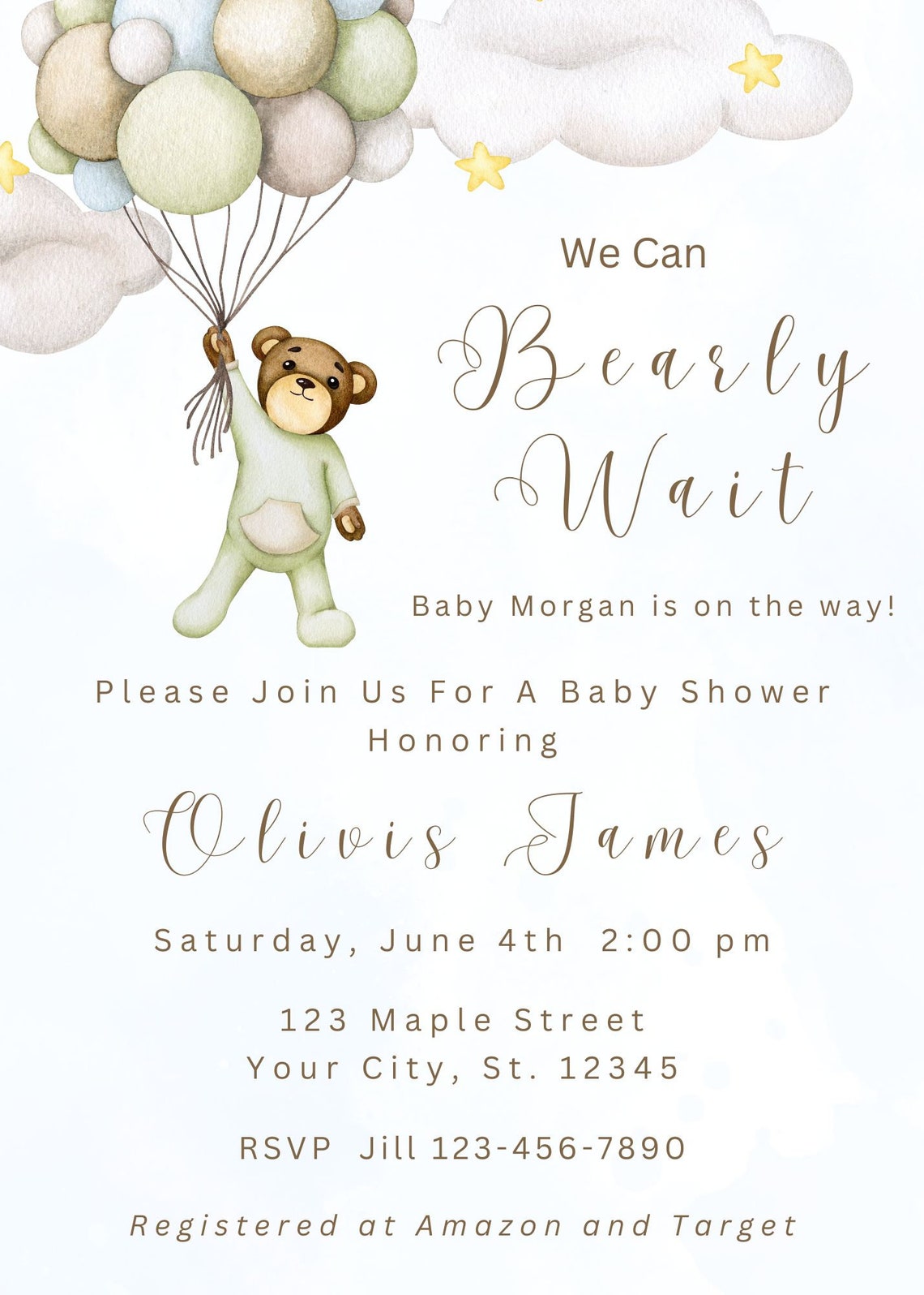 Editable We Can Bearly Wait Baby Shower Invitation Teddy Bear Hot Air ...