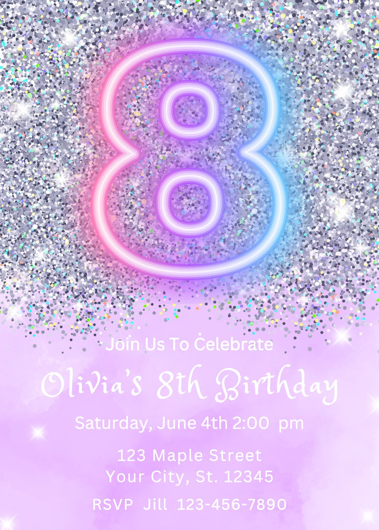 Editable 8th Birthday Invitation Template Purple Glitter Birthday Party ...
