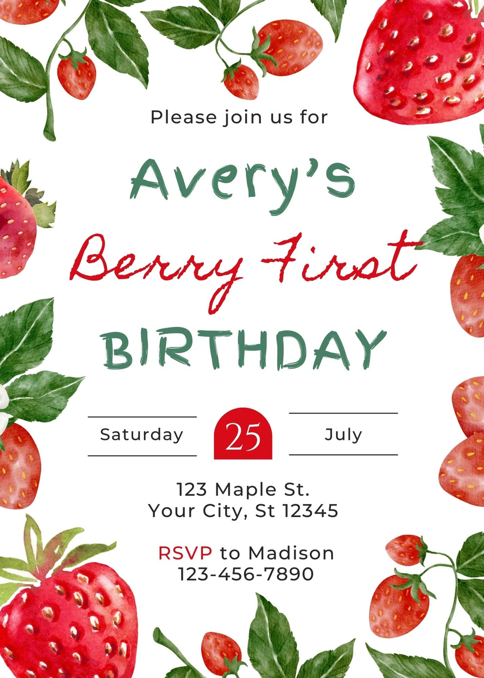 Berry Sweet 1st Birthday Invitation Template EDITABLE Strawberry ...
