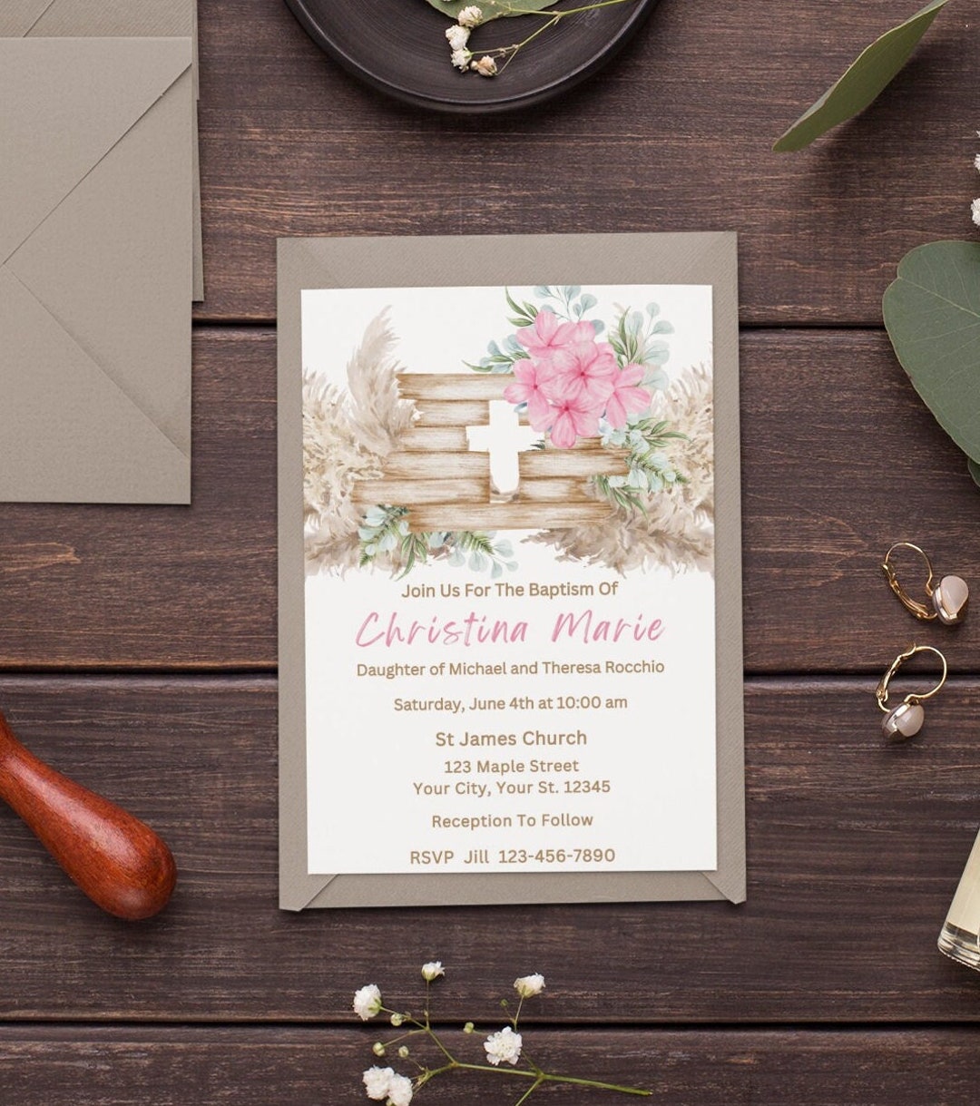 Girl Baptism Invitation Template Editable Bohemian Baptism Invitation ...