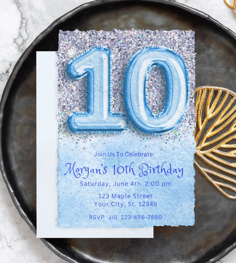 10th Birthday Invitation Template Blue Glitter Birthday Party Invite ...