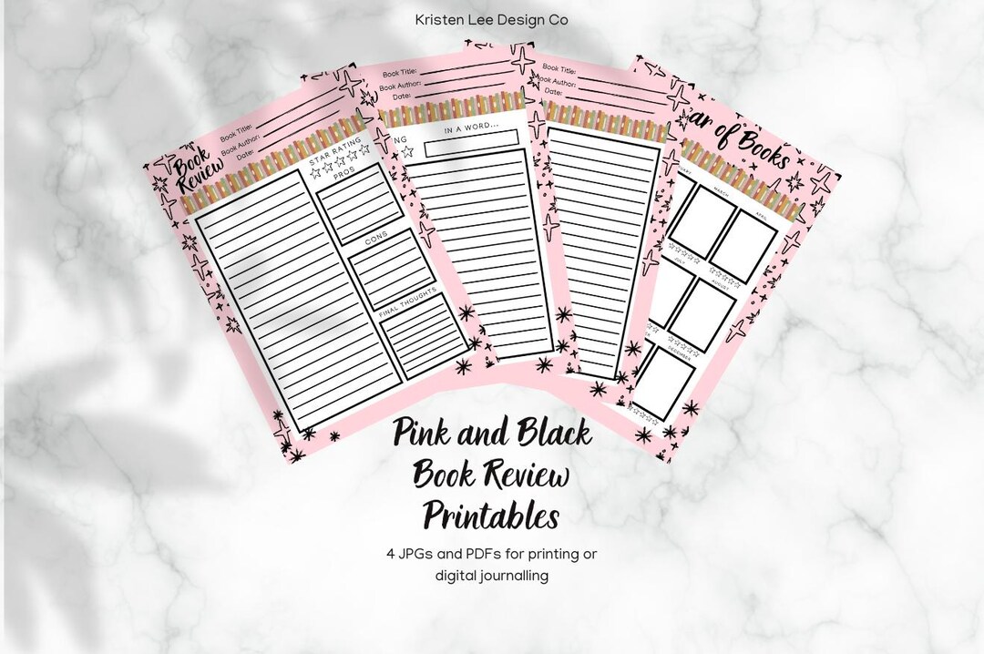 Black and Pink Book Review Printable Templates, Author Gifts, Book ...